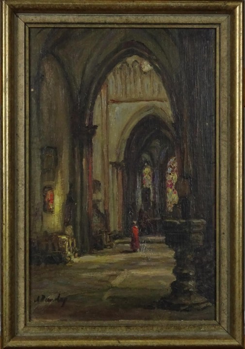 Tableau HSP marouflé - Intérieur d'église - signé DANDOY Albert ...