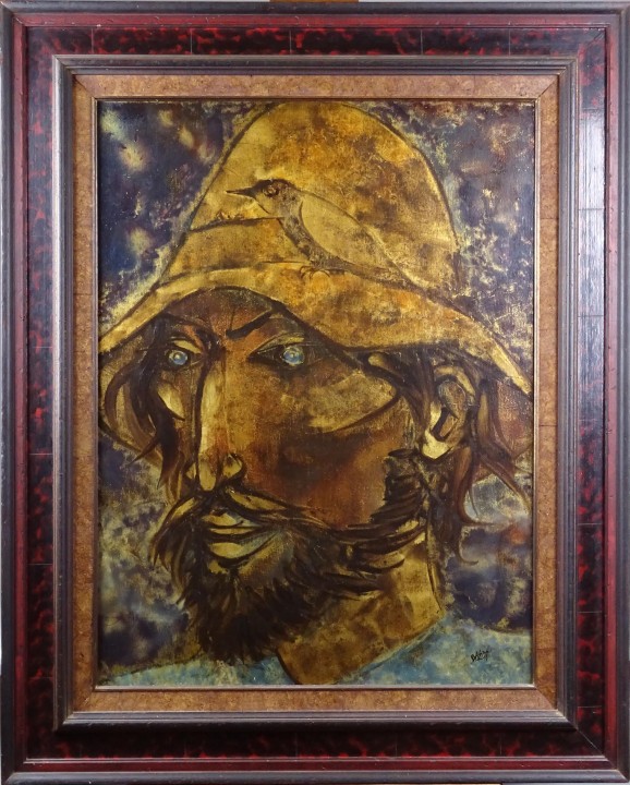 Tableau HST fond doré - Portrait d'homme au chapeau - signé BASTIN Pierre