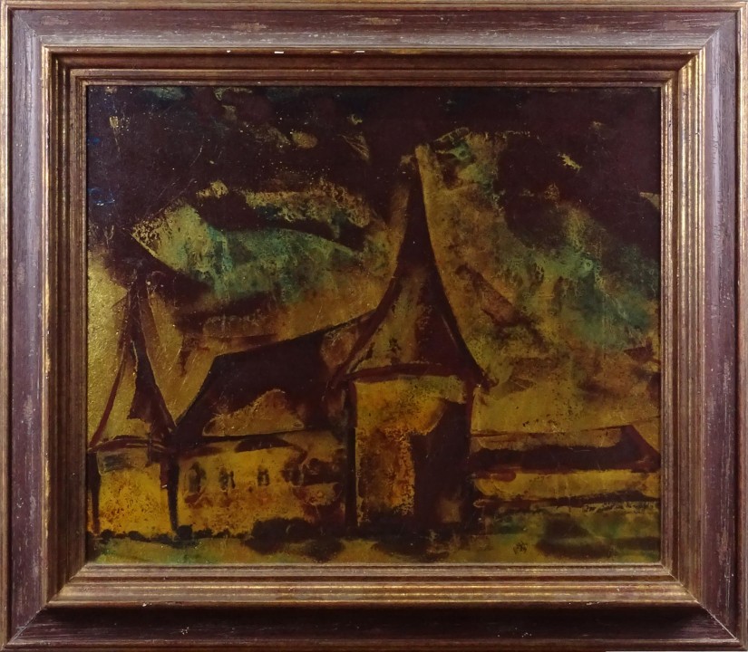Tableau HSP fond doré - Le Château - signé BASTIN Pierre