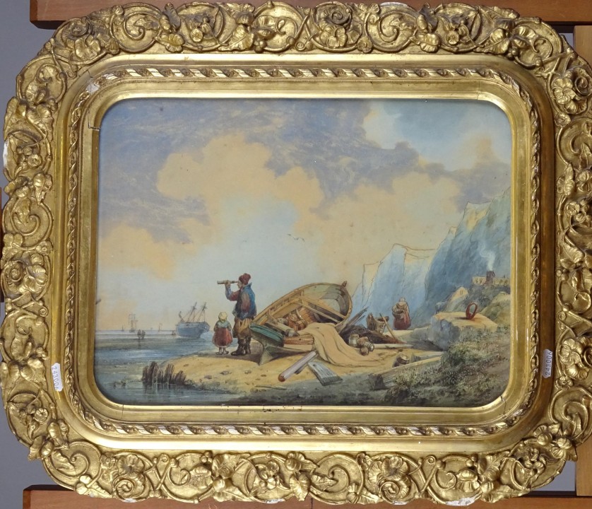 Tableau : dessin gouache/aquarelle s/ papier - Naufrage animé - signé ...